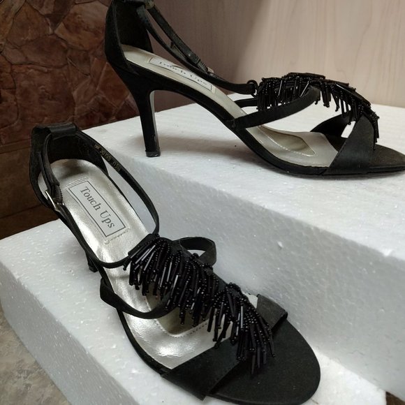 Touch Ups | Shoes | Touch Ups Black Satin Sandals Wbeaded Fringe 35 ...
